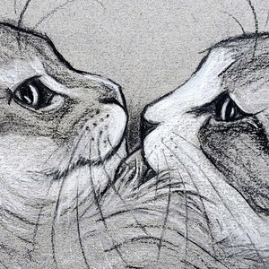 Original Charcoal Drawing 2 Cats Cuddle Kiss Dance Two Kitties ...