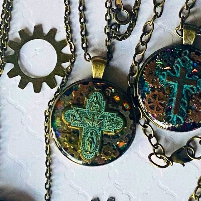 Steampunk Jewelry Turquoise Patina Cross Resin Pendant, Necklace or ...