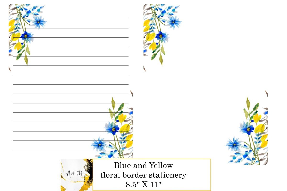 Blue and Yellow Floral Border Printable Stationery Set Digital Download ...