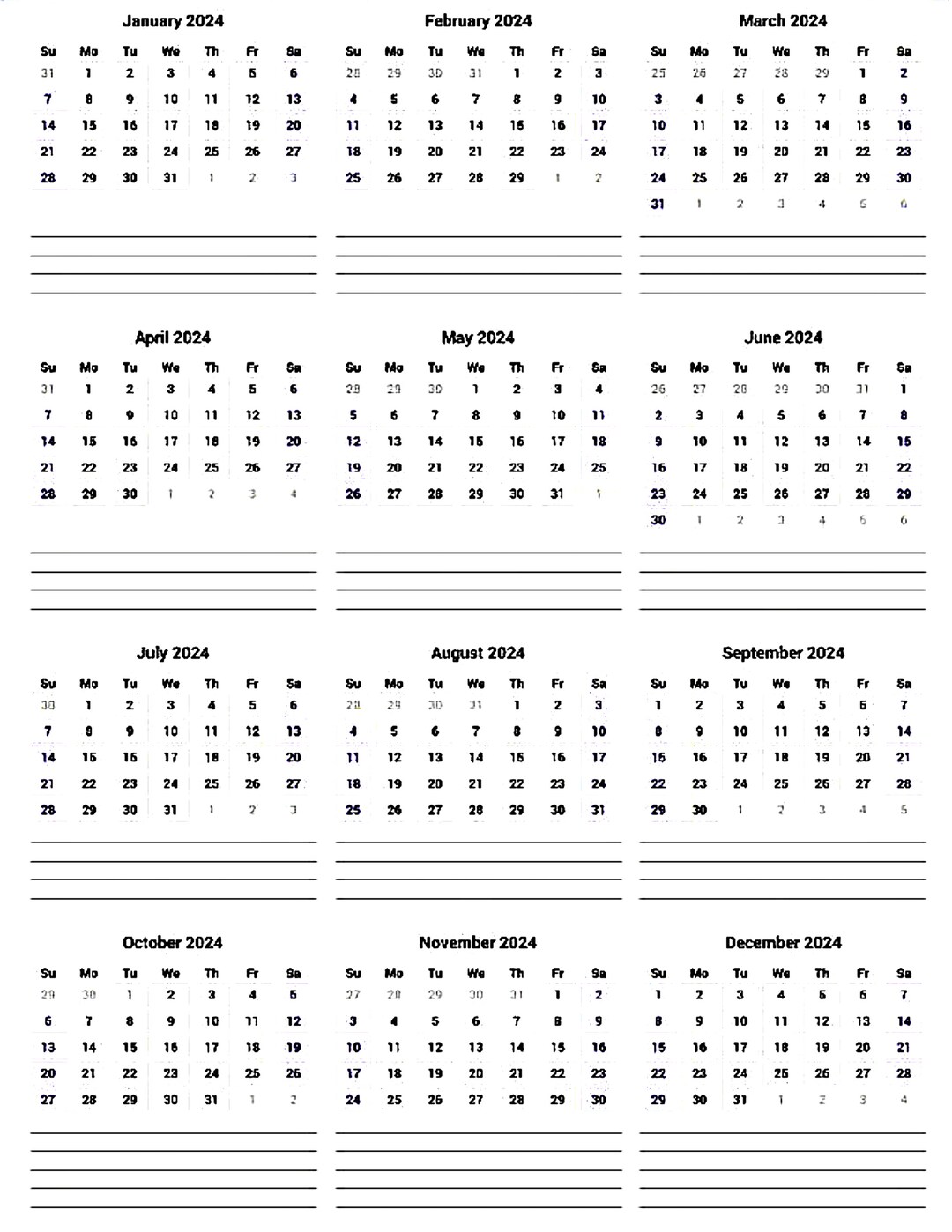 Full Year 2024 Printable Monthly Lined Planning Calendars August 2023 ...