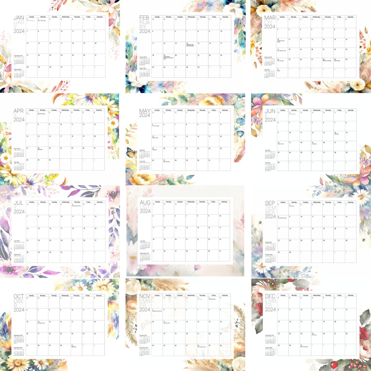 2024 Printable Landcape Month Calendars Watercolor Boho Floral Accents ...