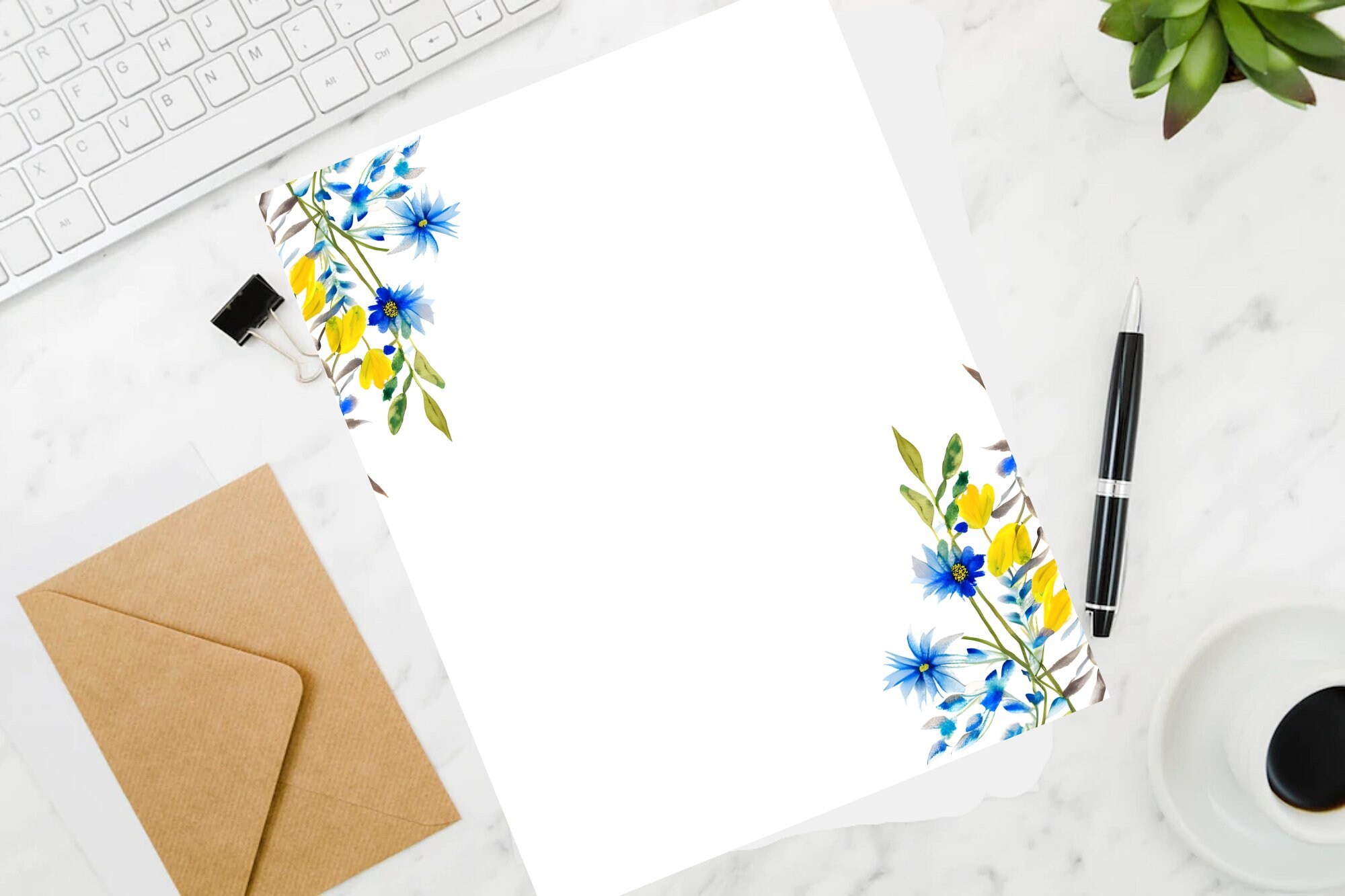 Blue and Yellow Floral Border Printable Stationery Set Digital Download ...