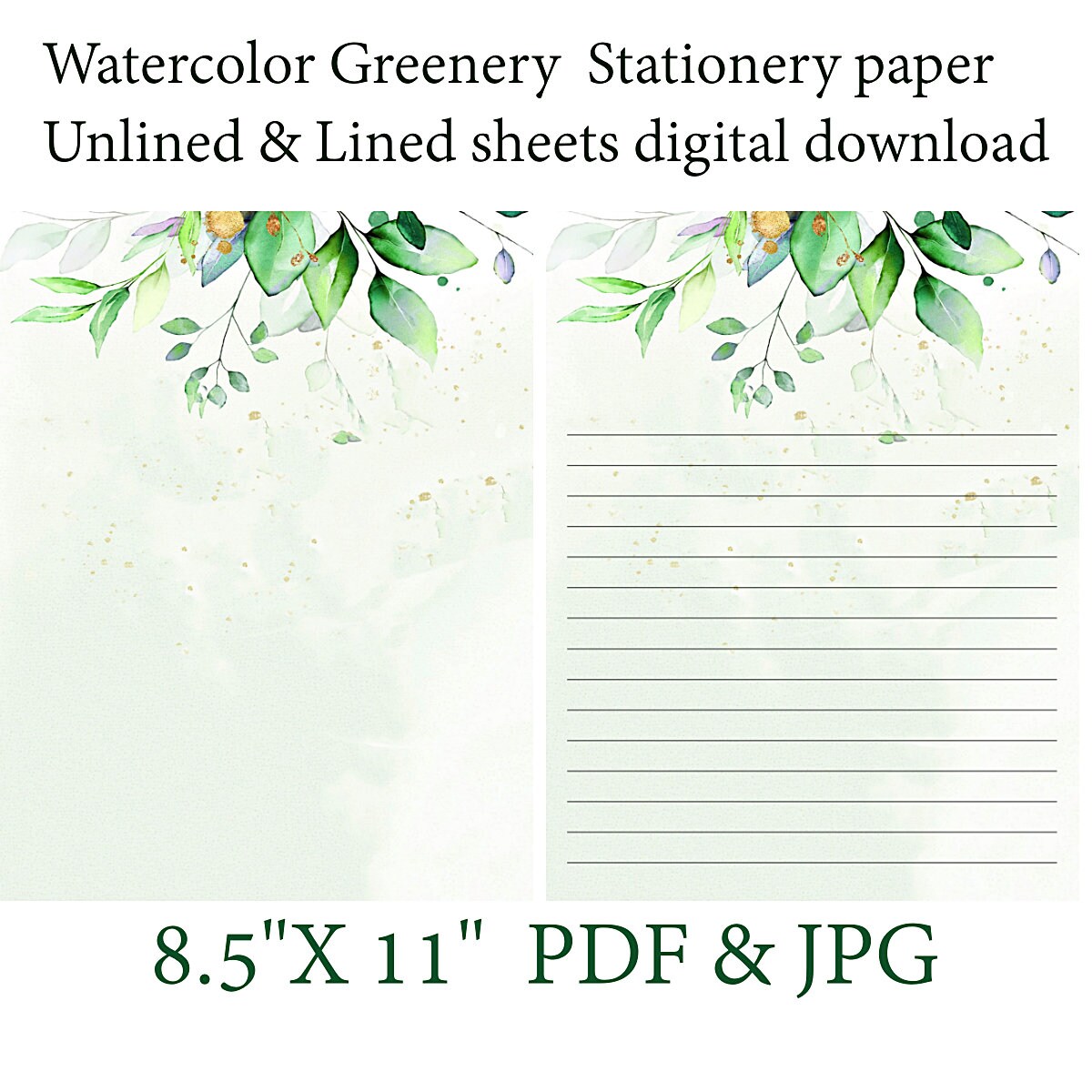 Watercolor Greenery Printable Stationery Sheet Digital Download Writing ...