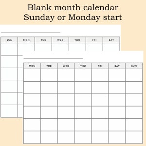 Printable Calendar | Blank Month Sunday or Monday Start | Instant ...
