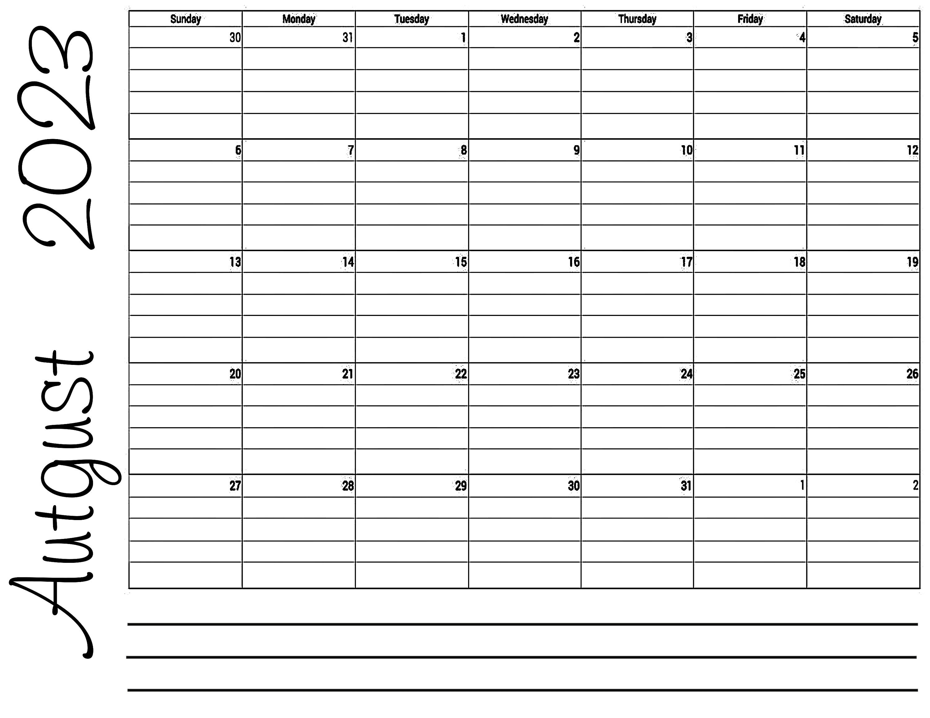 Full Year 2024 Printable Monthly Lined Planning Calendars August 2023 ...