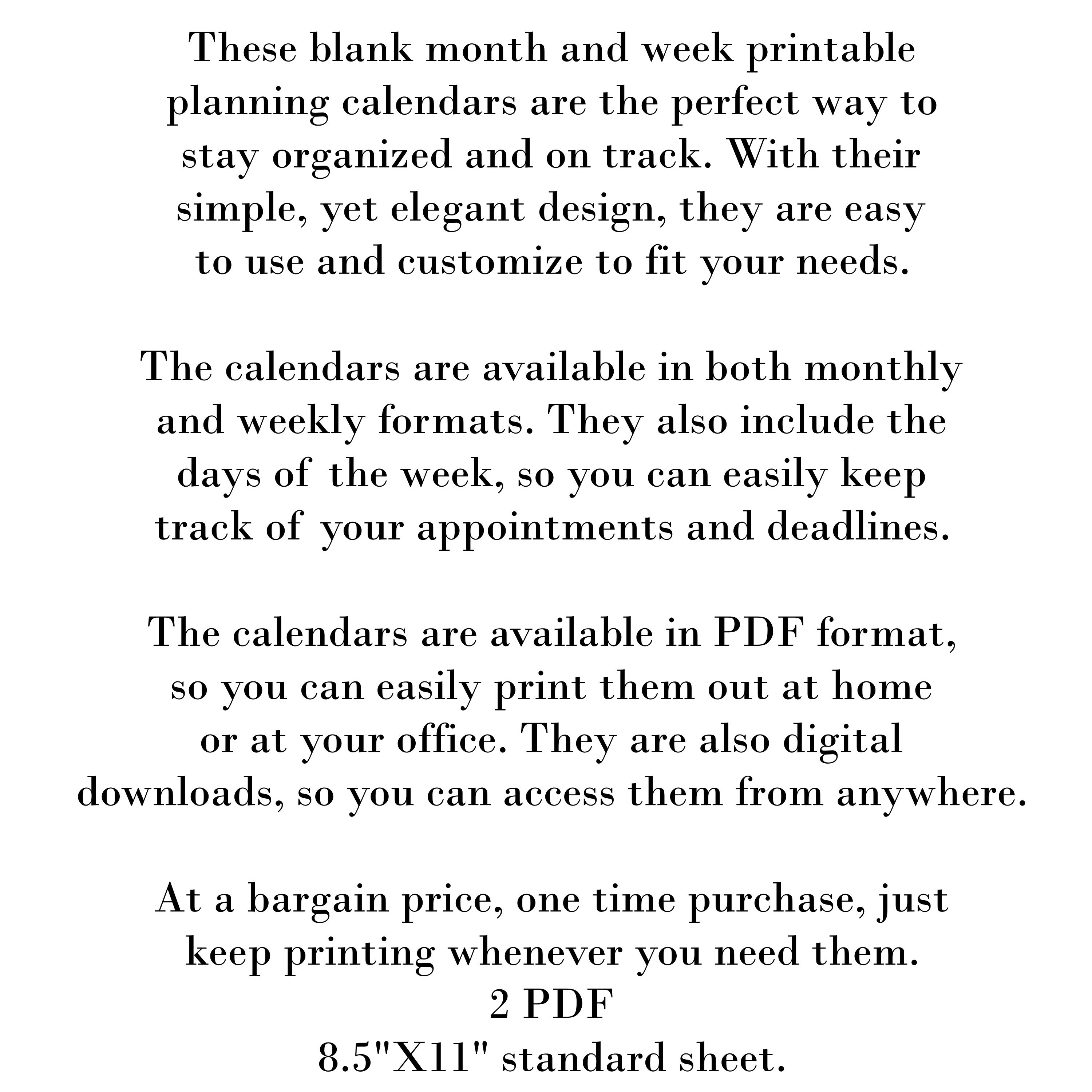Printable Calendar | Blank Monthly and Weekly Formats | PDF Digital ...