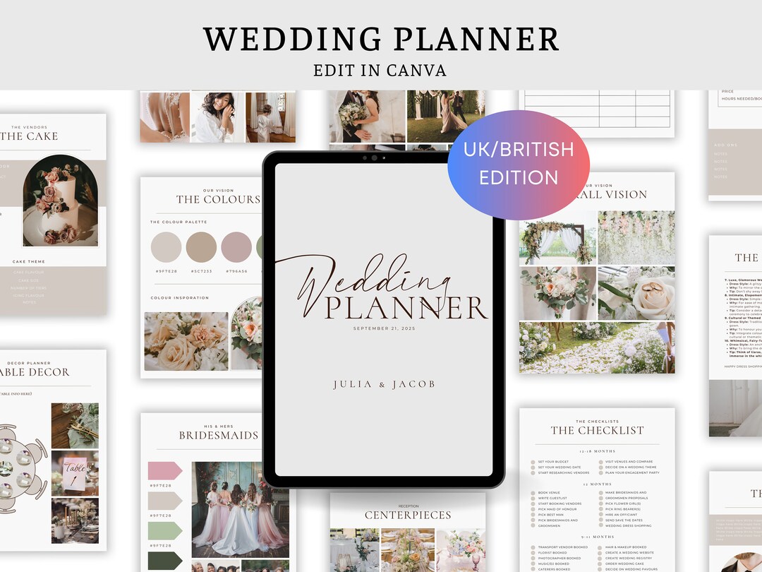 UK BRITISH Ed. 200+ Pages Minimalist Wedding Planner Digital Template ...