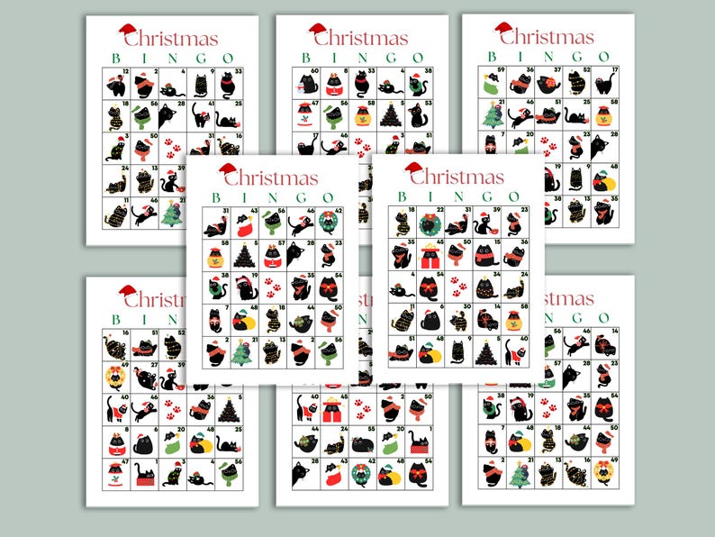 Christmas Cat Bingo, 30 Christmas Bingo Cards, Christmas Games ...