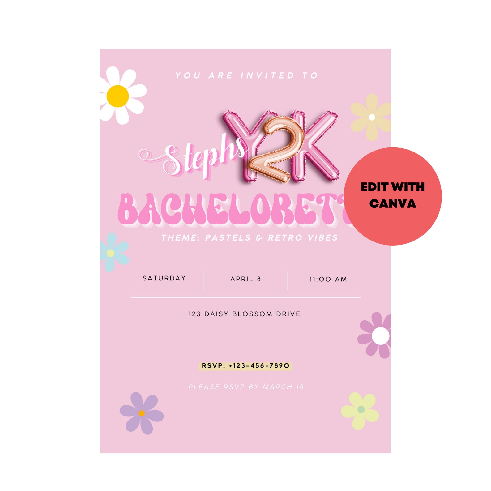 Pink Retro Y2K Bachelorette Invitation, Floral, Instant Download on ...