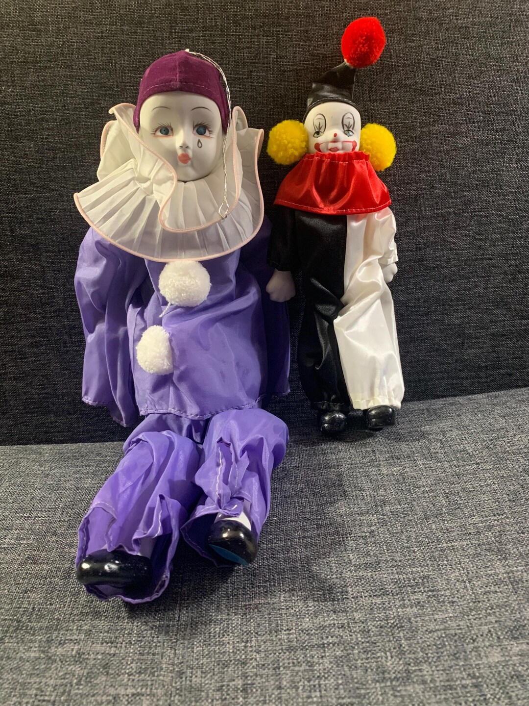 2 Vintage Pierrot Clown Dolls, 1980s; Ceramic Heads, Hands & Feet. 1 ...