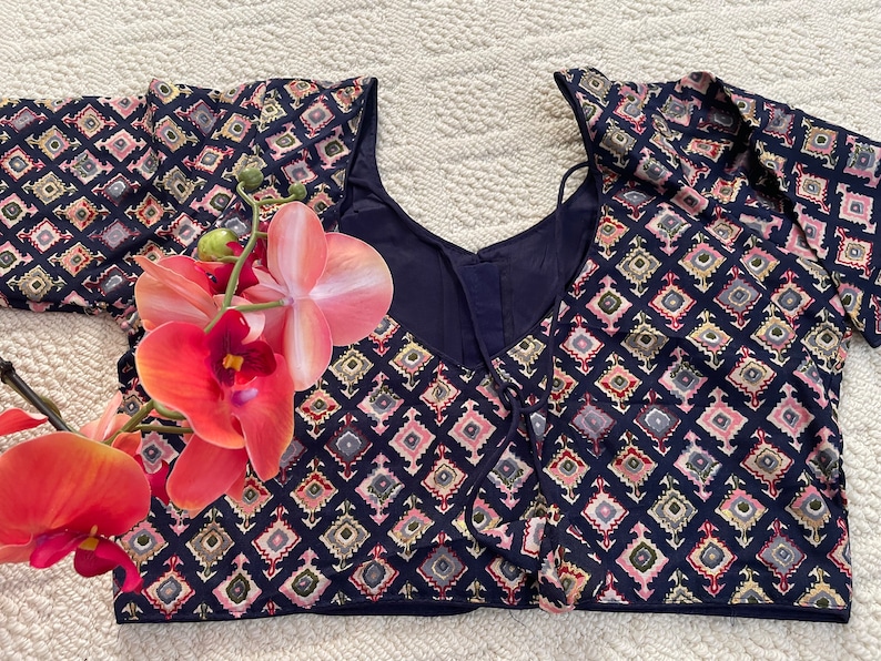 Block Print Ajrakh Boat Neck Blouse, Front Hook Pattern Blouse, Latest ...