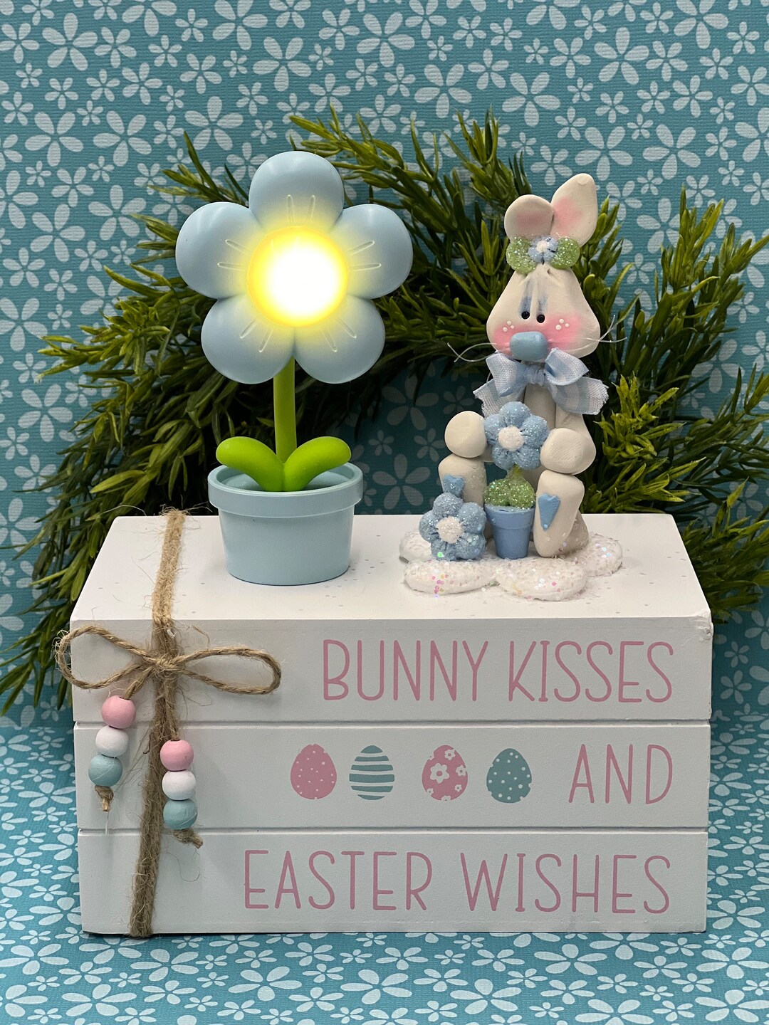 Clay Bunny, Bunny Books, Bunny With Books and Flower Light, Bunny Decor ...