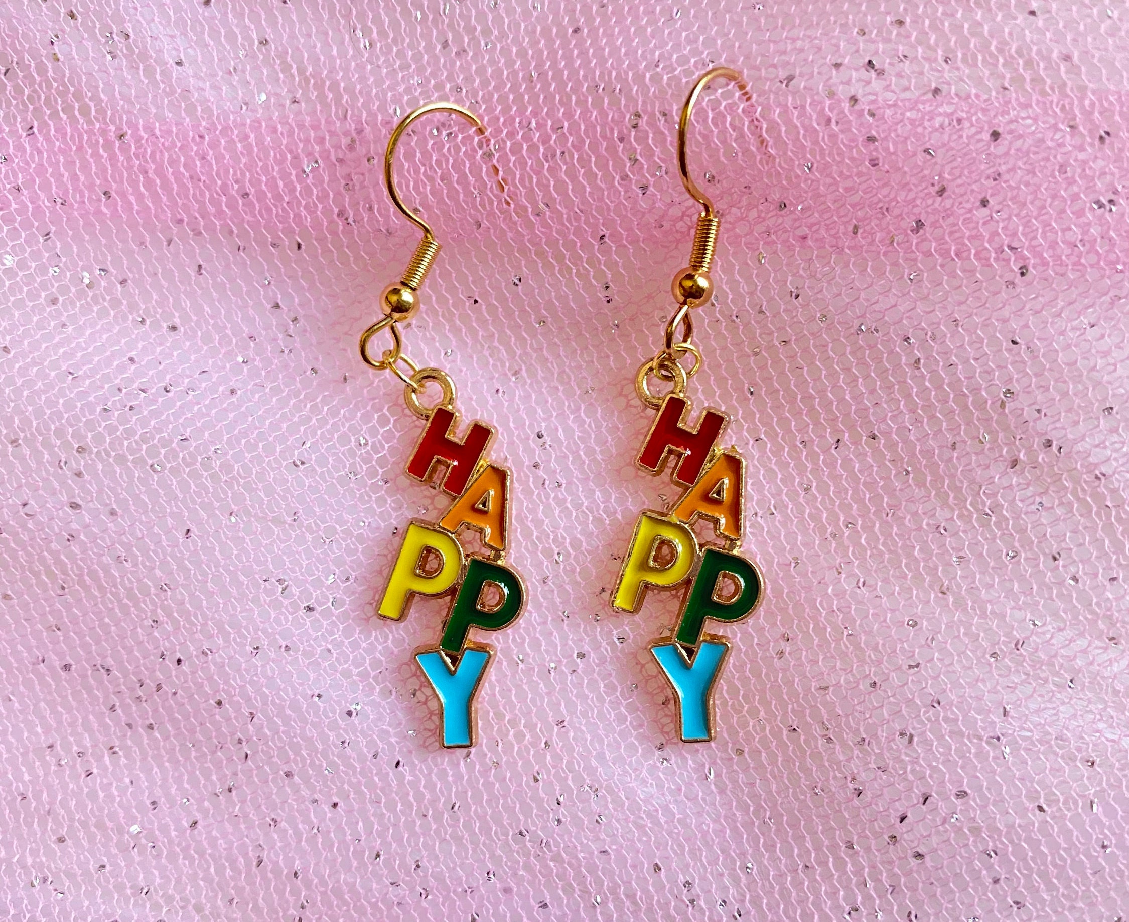 Be Happy Earrings in Gold Plated Stainless Steel Hook - Etsy