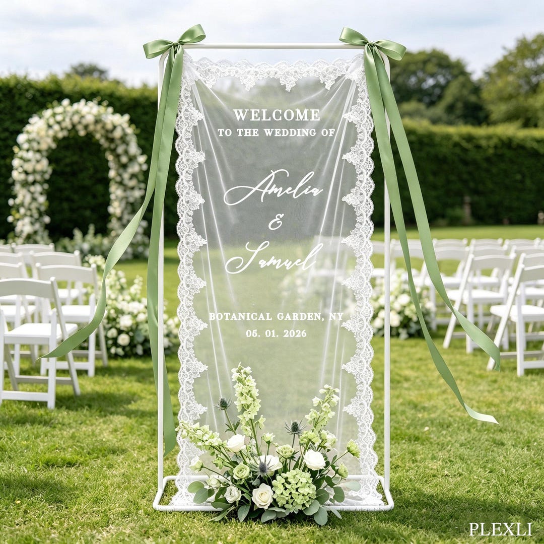 Sheer Lace Wedding Welcome Sign: Personalized Modern Wedding Banner ...