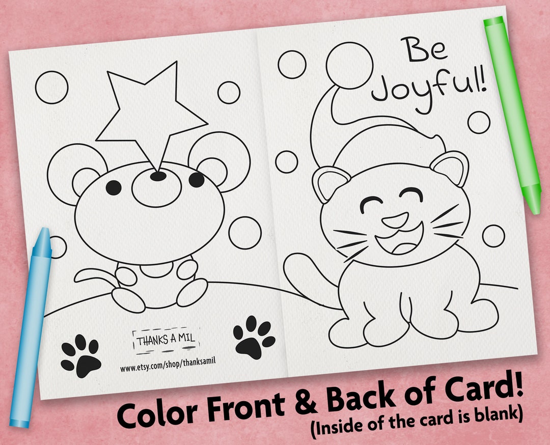 Cute Cat Coloring Christmas Card Printable Card With Envelope christmas ...