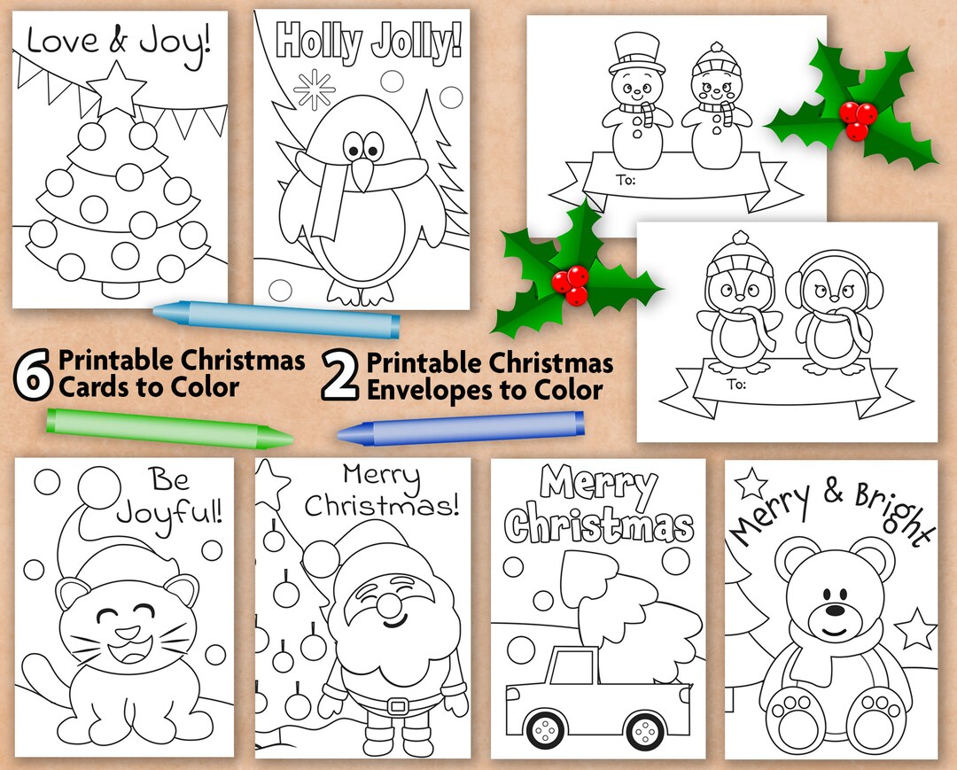 Cute Christmas Card Set to Color | Printable Cards With Envelopes ...