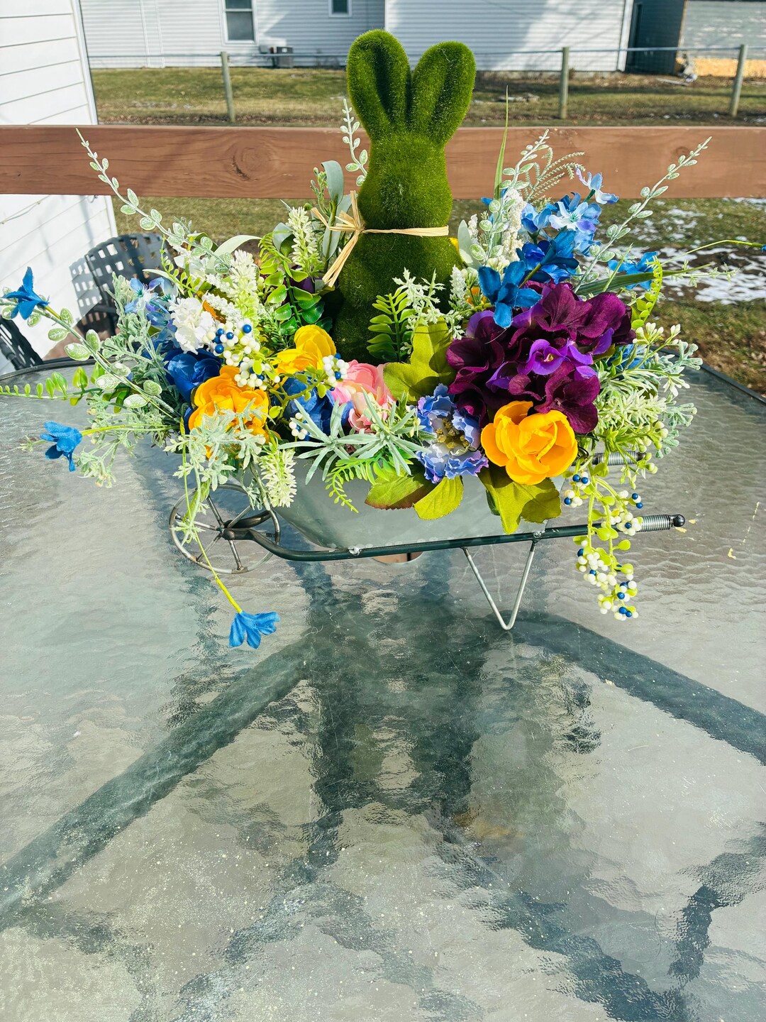 Easter Wheelbarrow Centerpiece | Moss Bunny & Faux Spring Florals - Etsy