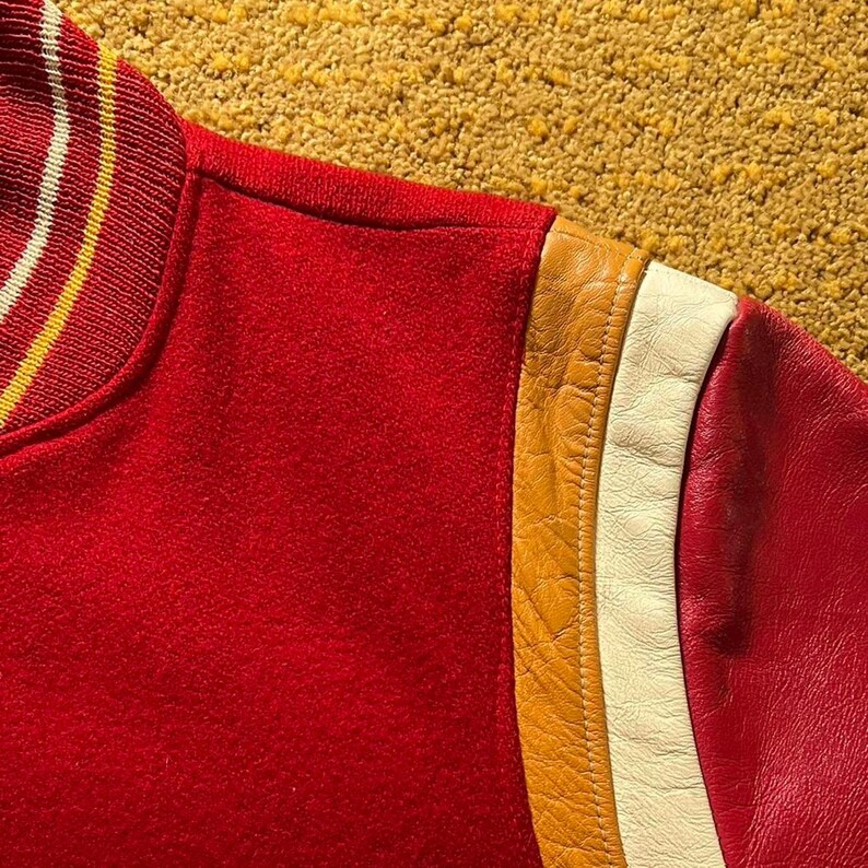 Vintage 50s Butwin Wool Leather Bomber Stadium USA School College Gold Retro Heavy Boxy Striped ...