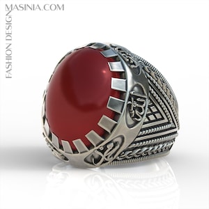Men Shia Islamic Ring Natural Red Carnelian Agate Aqeeq Akik Sterling ...