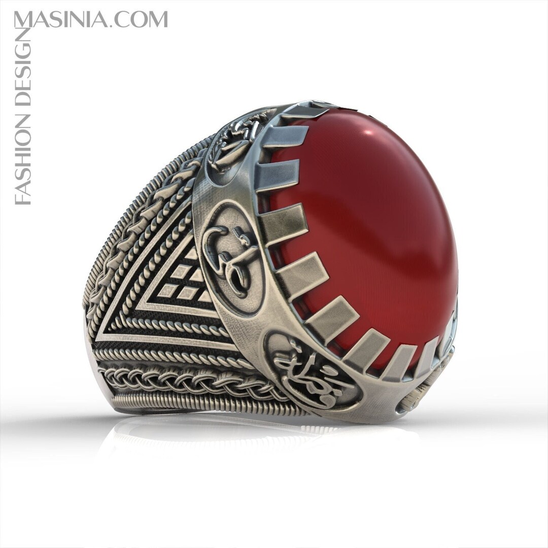 Men Shia Islamic Ring Natural Red Carnelian Agate Aqeeq Akik Sterling ...