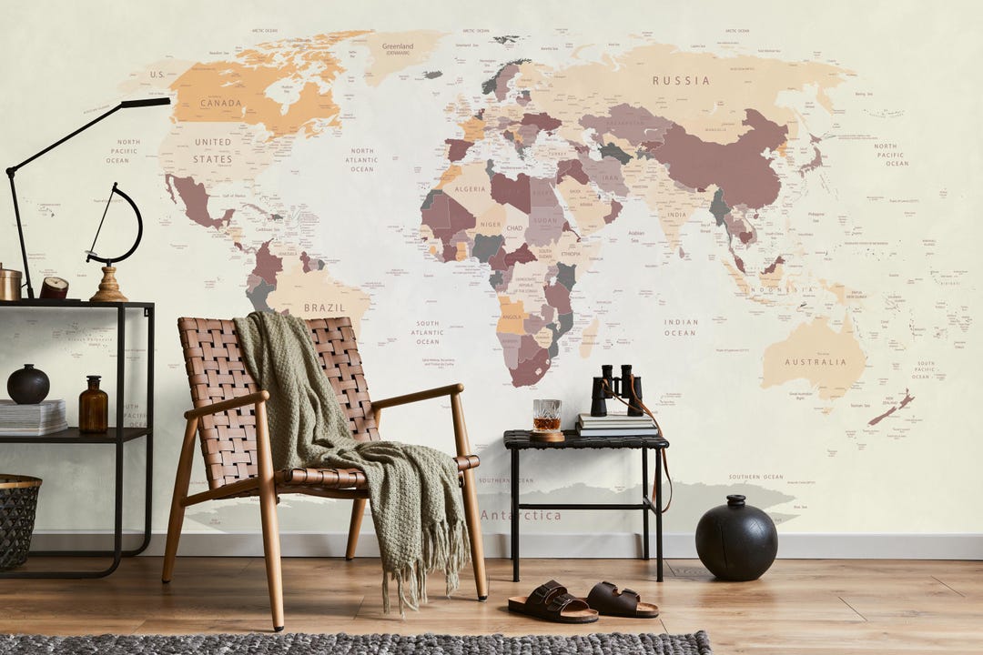 Soft Tints World Map Wallpaper, World Map Wallpaper, Office Wall Mural ...