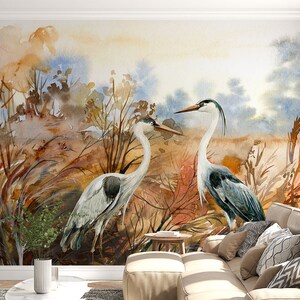 White Heron Bird Wallpaper Animal Wallpaper Removable Wallpaper Brown Leaves Mural peel and ...