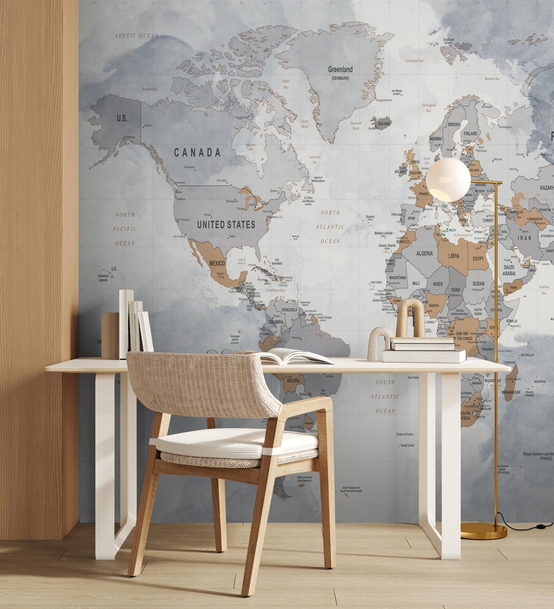 Gray and Brown Tone World Map Wallpaper, Customized World Map Wall ...