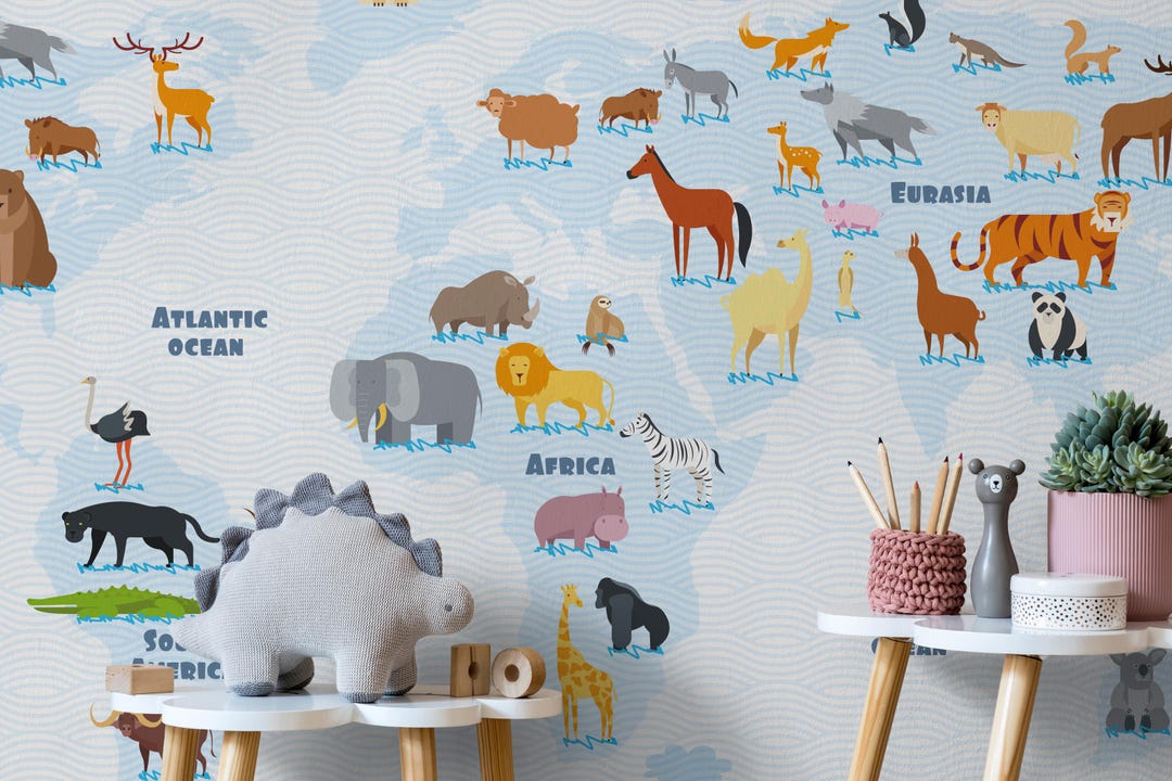 Blue World Map Peel and Stick Wallpaper, Kids Animal Map Mural for ...