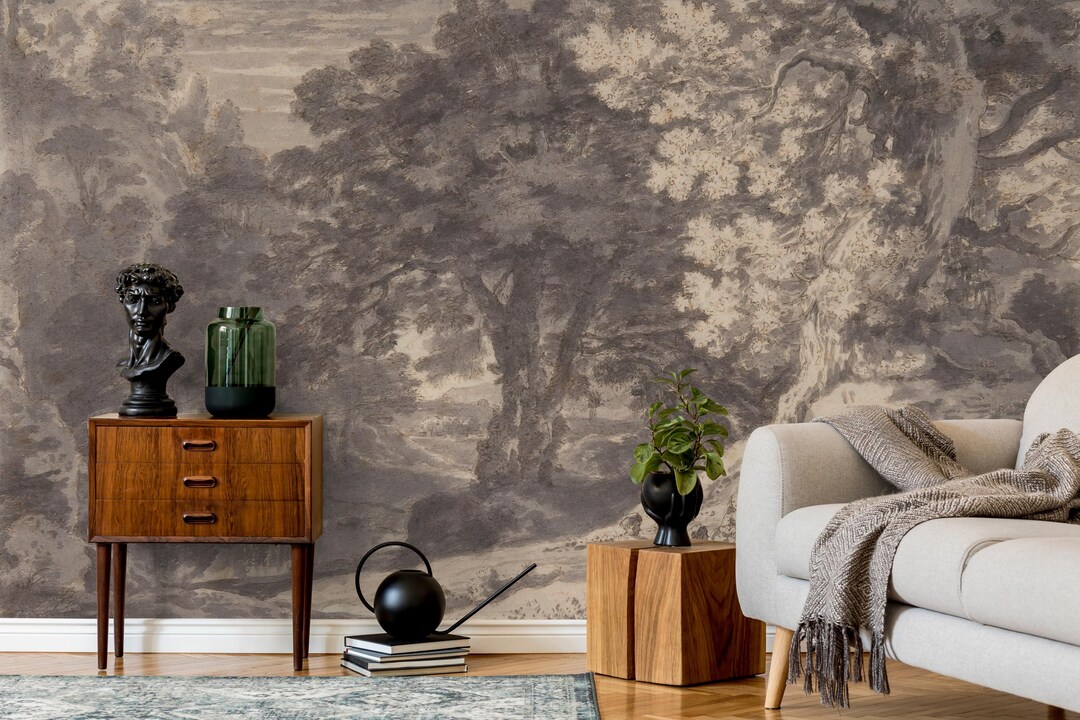 Vintage Panoramic Wallpaper, Forest Landscape Wall Mural, Rustic Nature ...