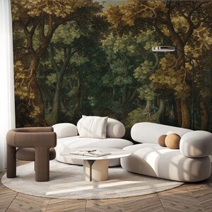 Rustic Dark Forest Wallpaper Mural, Wooded Landscape With Stag Hunt ...