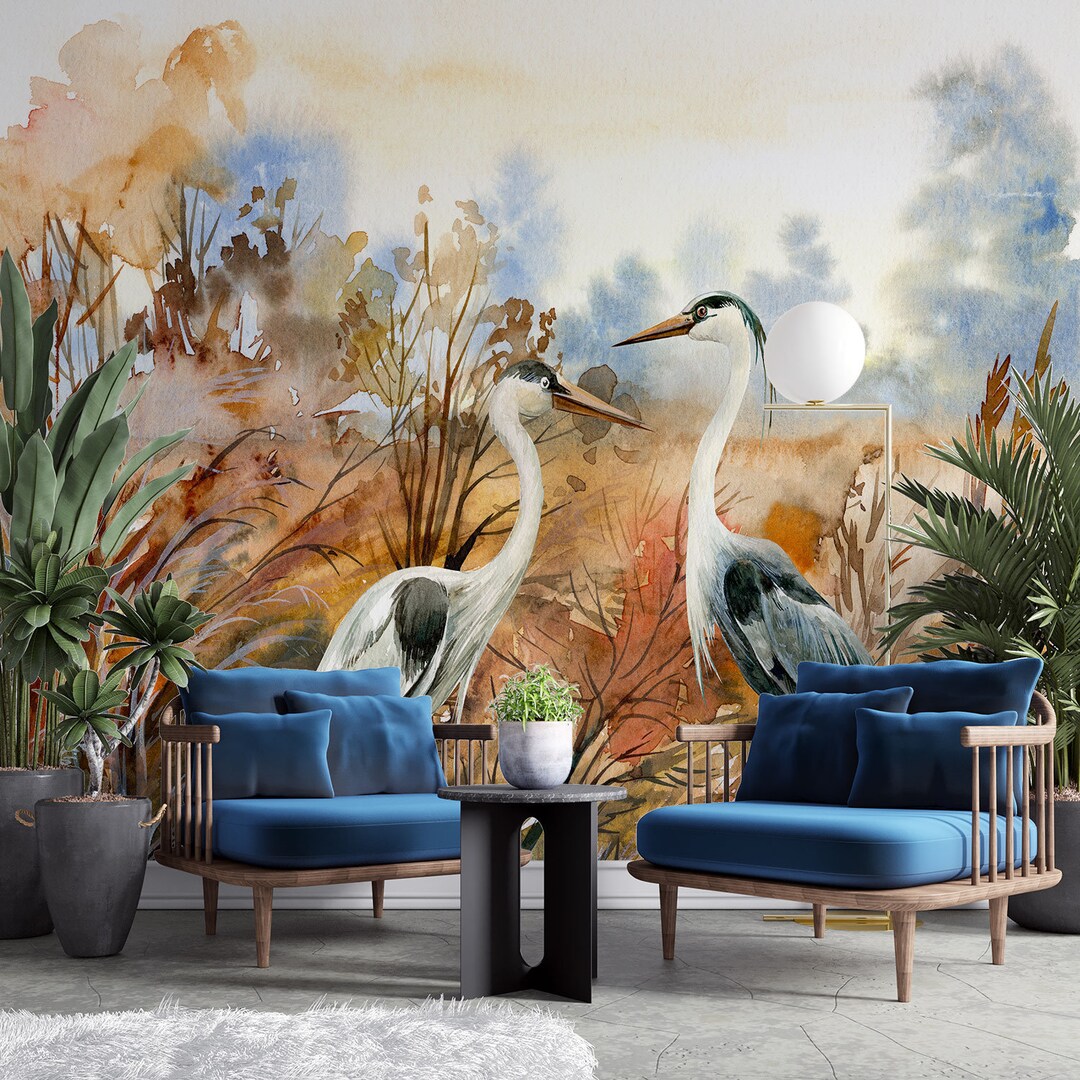 White Heron Bird Wallpaper Animal Wallpaper Removable Wallpaper Brown Leaves Mural peel and ...