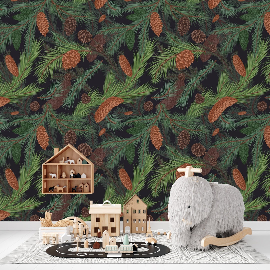 Pine Cone Wallpaper, Pine Tree Wallpaper, Forest Nursery Wall Mural ...