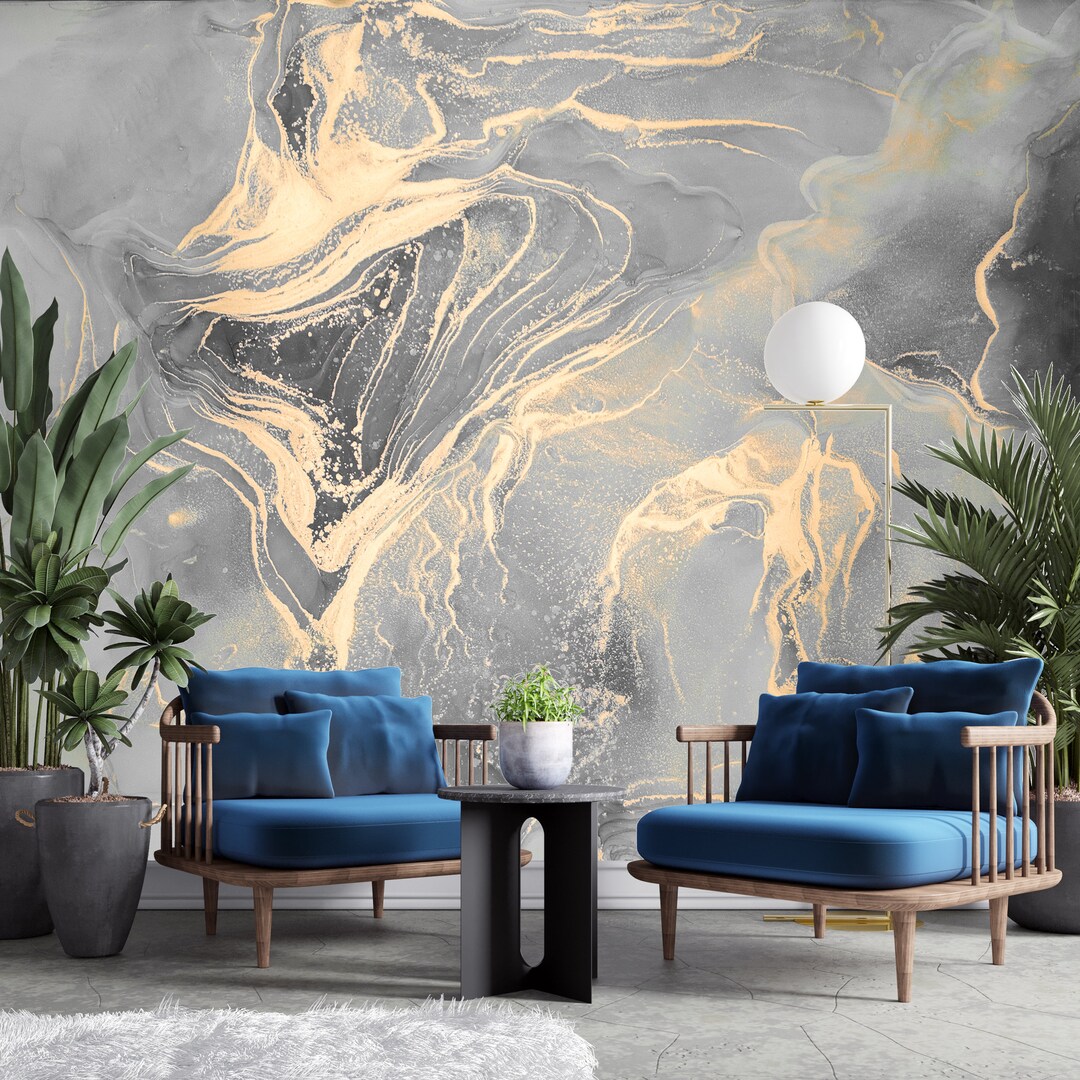 Dark Gray Marble Wallpaper Golden Line Wall Mural Marble Wallpaper Self ...