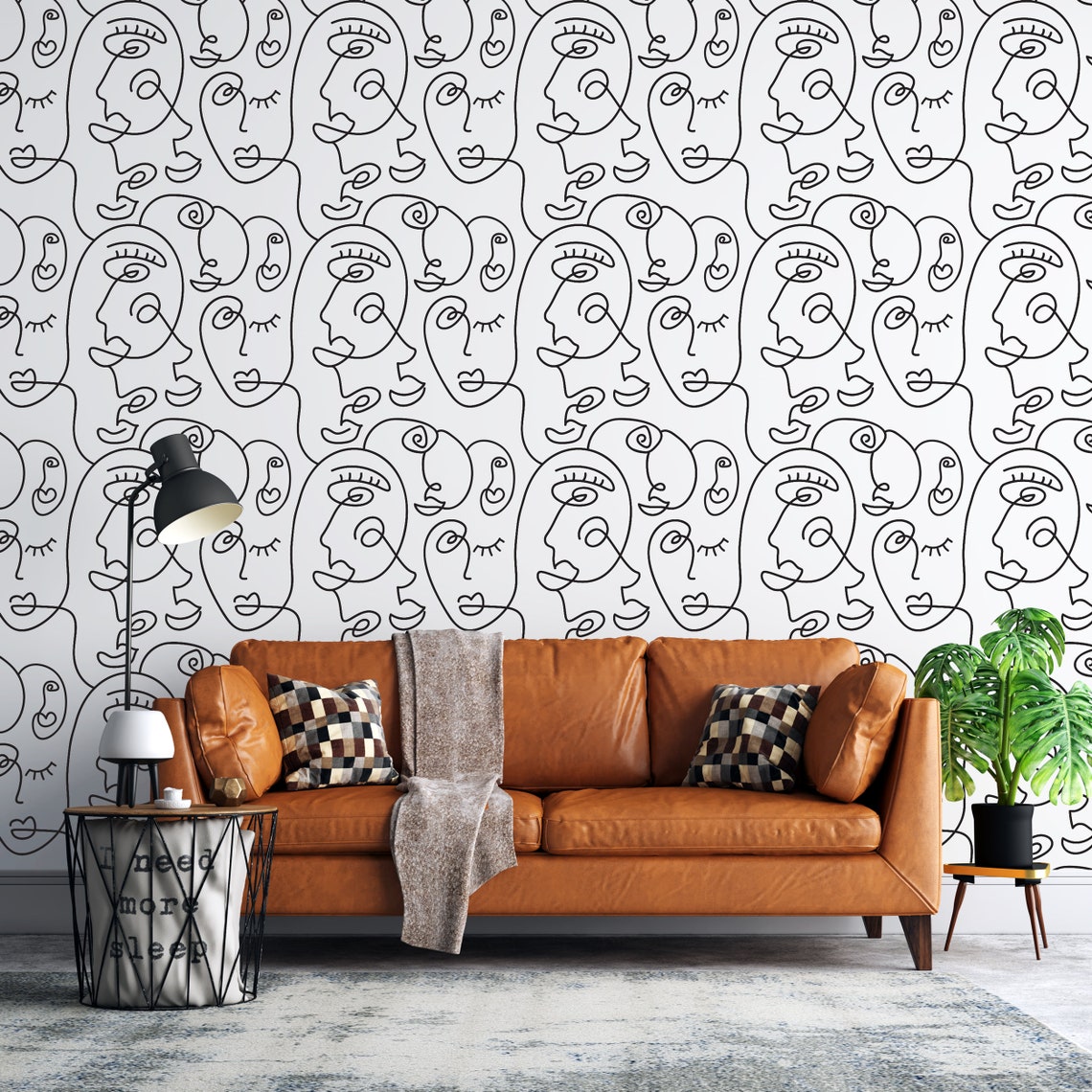 White Background Wallpaper / Line Art Woman Faces Wallpaper / | Etsy