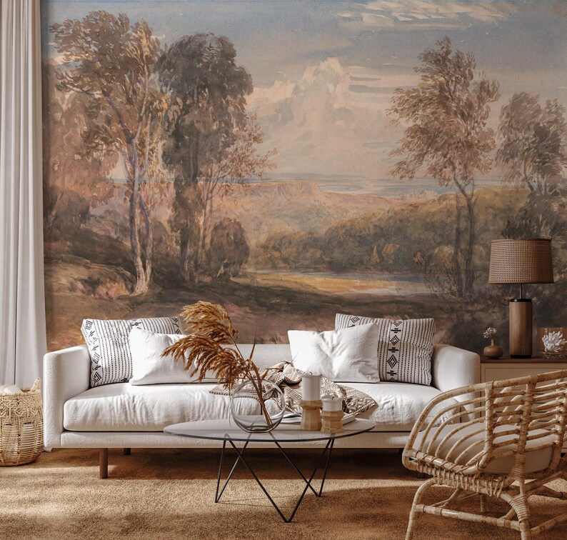 Earth Tone Landscape Wallpaper, Vintage Rural Tree Wall Mural, Peel and ...