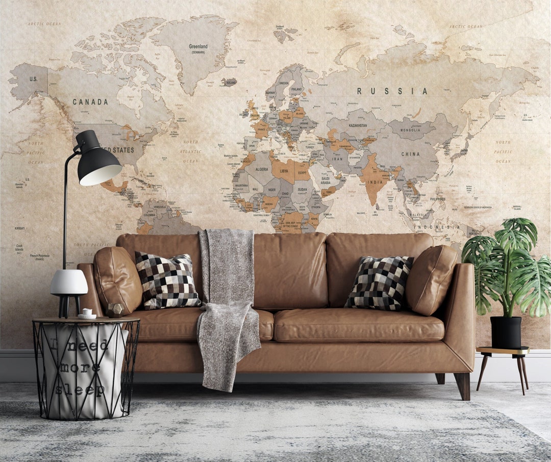 Beige World Map Decal World Map Wallpaper World Map Mural - Etsy