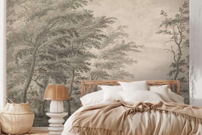 Rustic Landscape Wallpaper Mural: Vintage Soft-toned Panoramic Wall Art ...