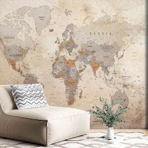 Beige World Map Wallpaper, World Map Wallpaper, Office Wall Mural ...