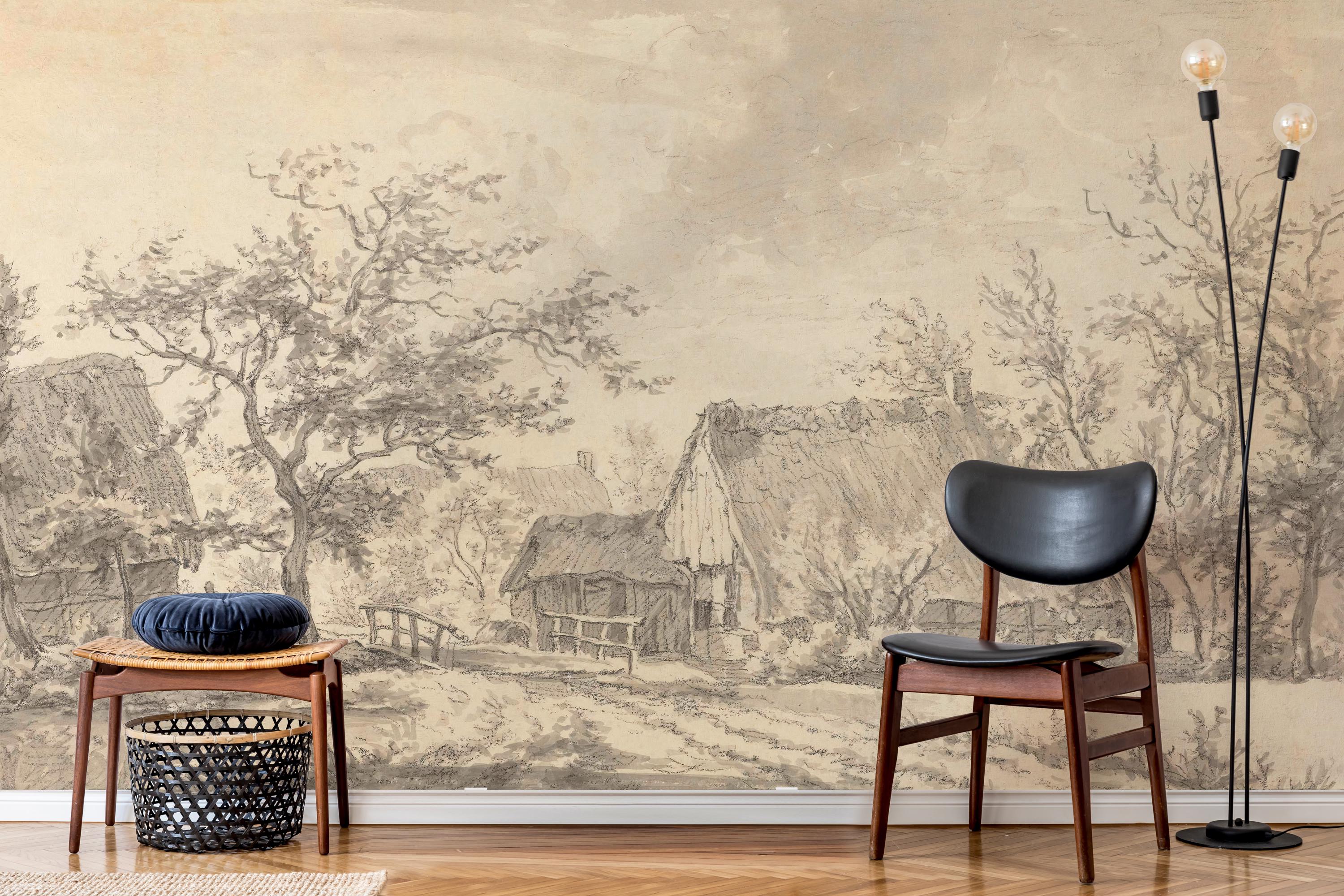 Vintage Village Landscape Wallpaper: Rustic Peel and Stick Mural - Etsy