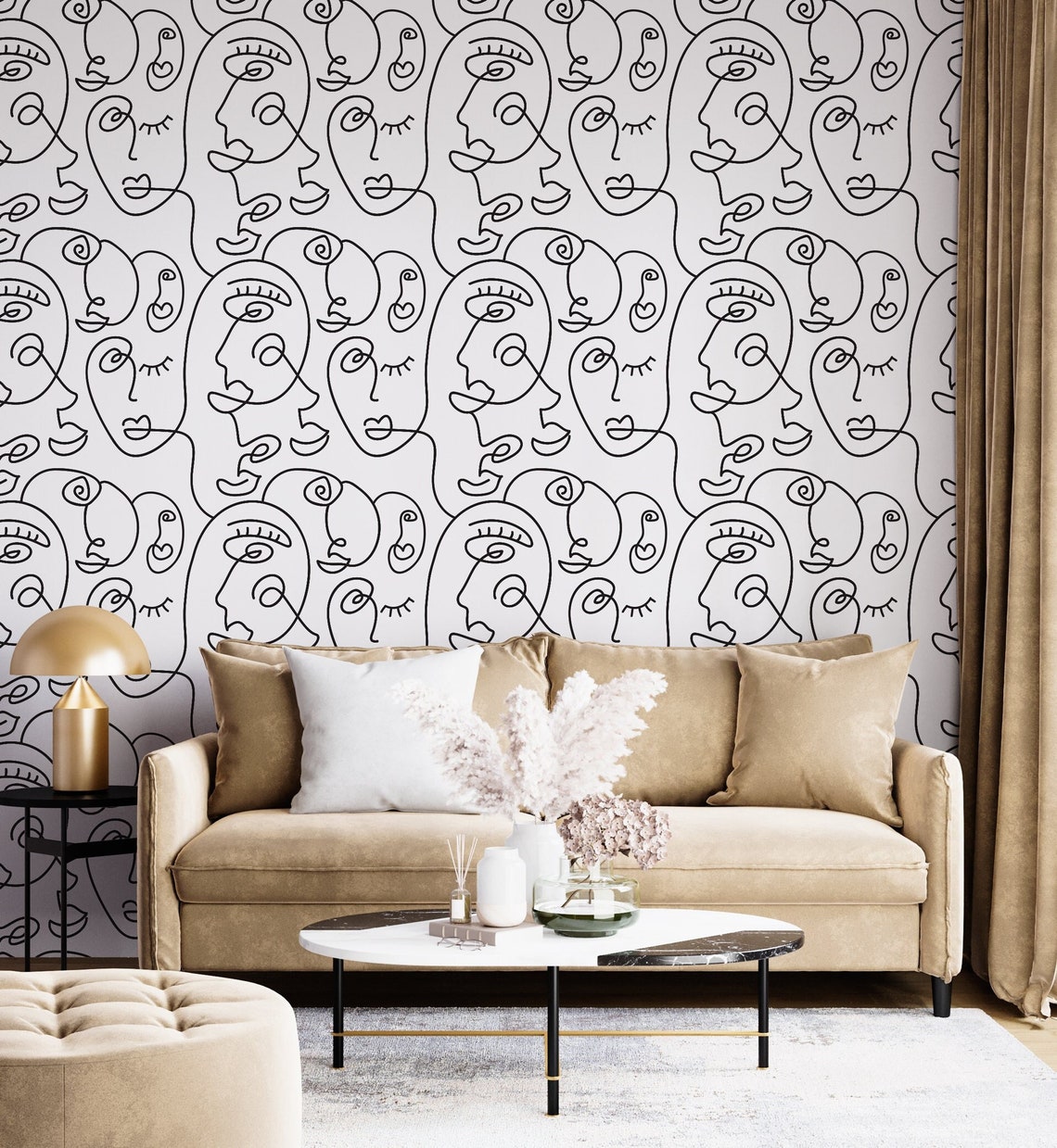 White Background Wallpaper / Line Art Woman Faces Wallpaper / | Etsy