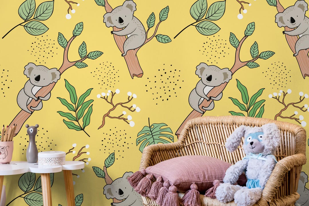 Cute Koala Peel and Stick Wallpaper, Trendy Yellow Wall Mural for ...
