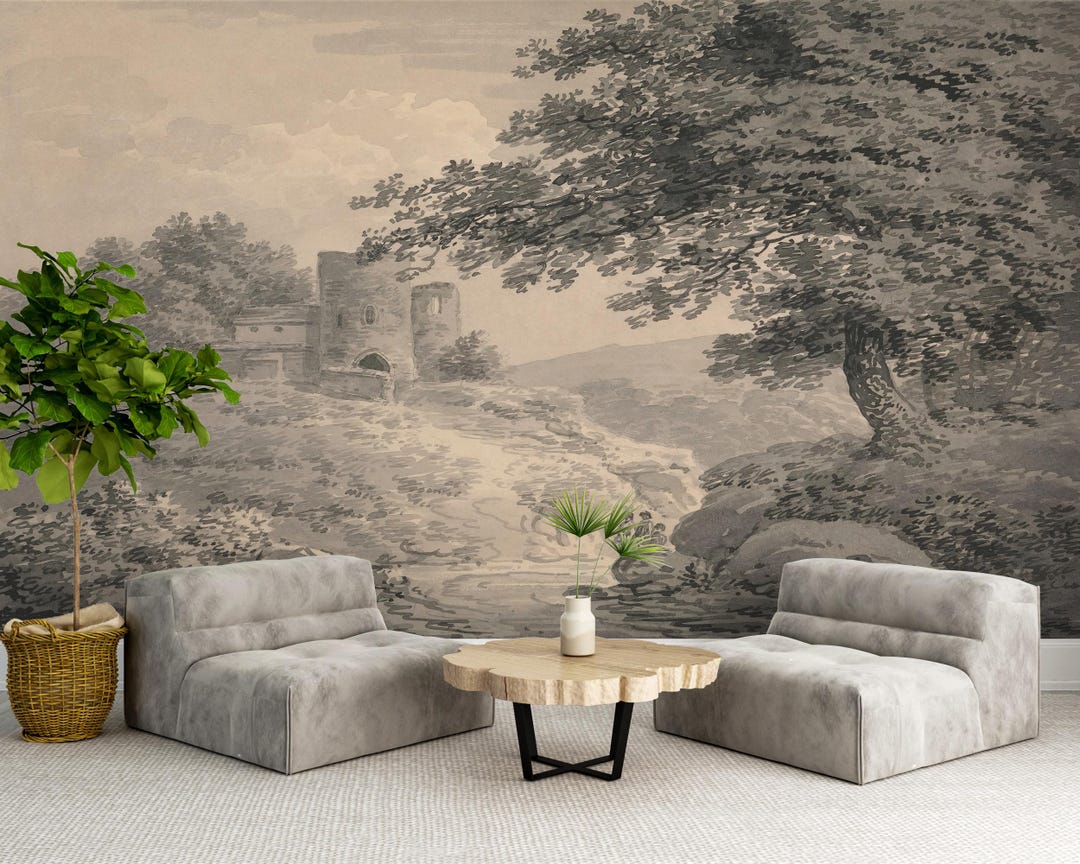Rustic Forest Wallpaper, Vintage Landscape Wall Mural, Panoramic Scenic ...
