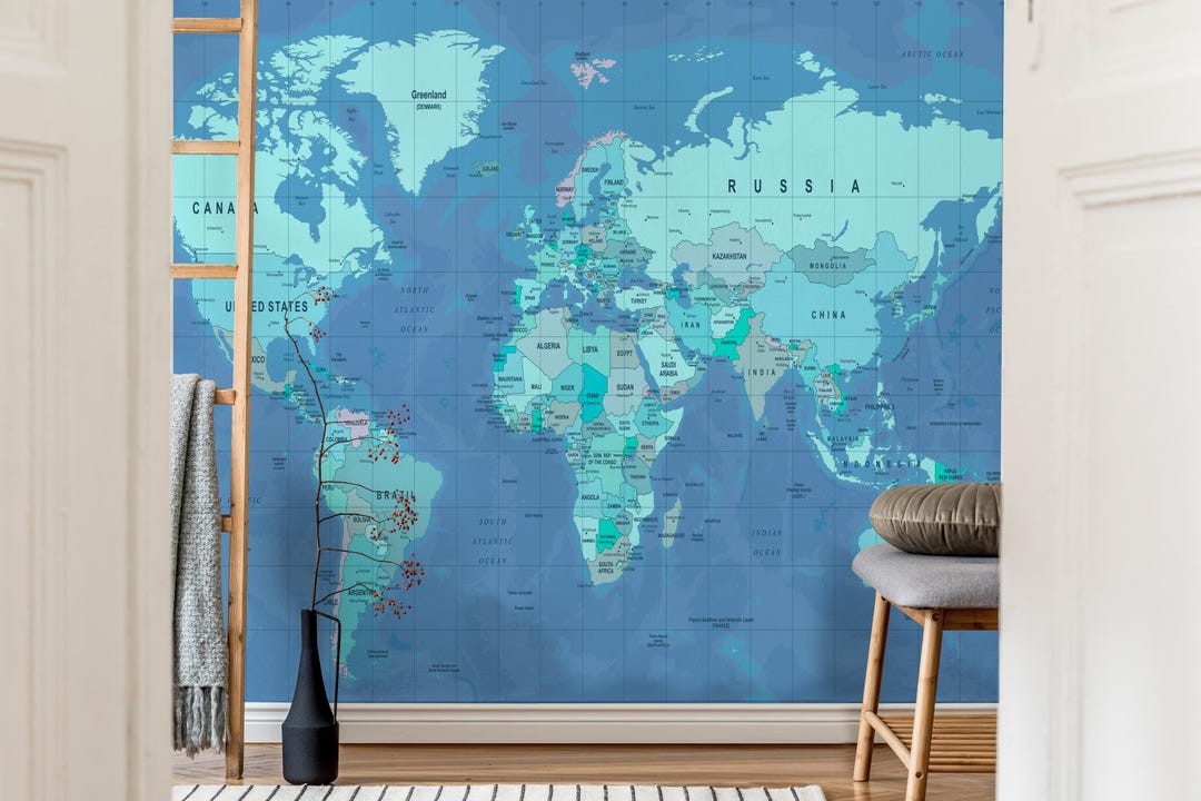 Cold Blue World Map Peel and Stick Wallpaper, Minimal Wall Mural for ...