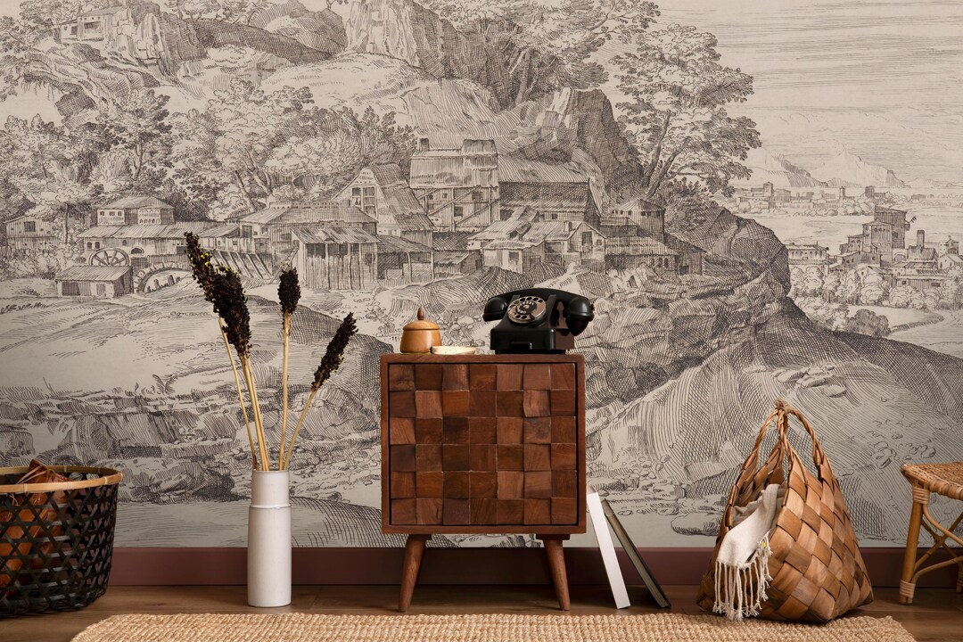 Vintage Mountain Village Wall Mural With Forest Sketch, Peel and Stick ...