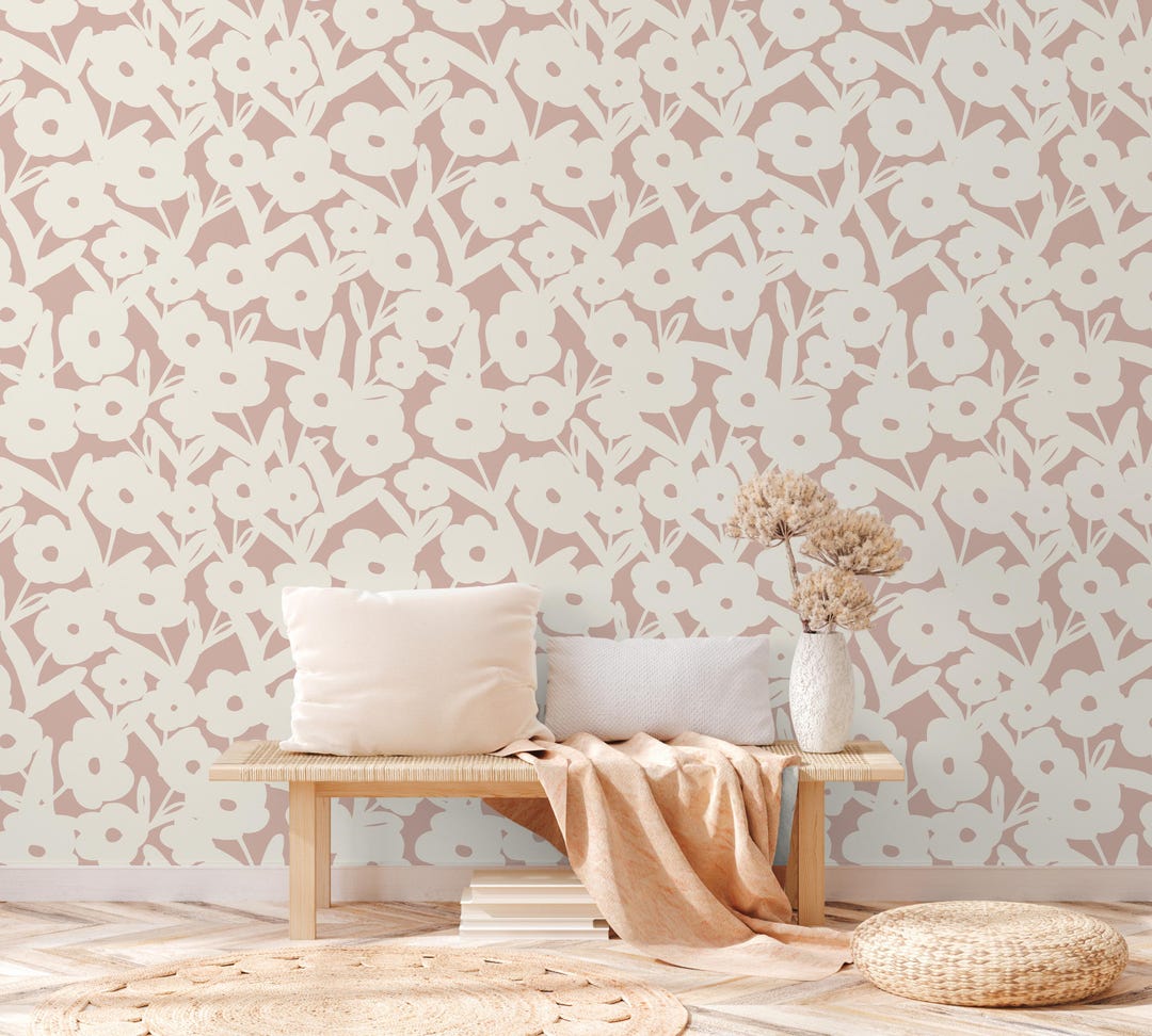Blush Floral Wallpaper, Neutral Cream Flower Pattern Peel and Stick ...