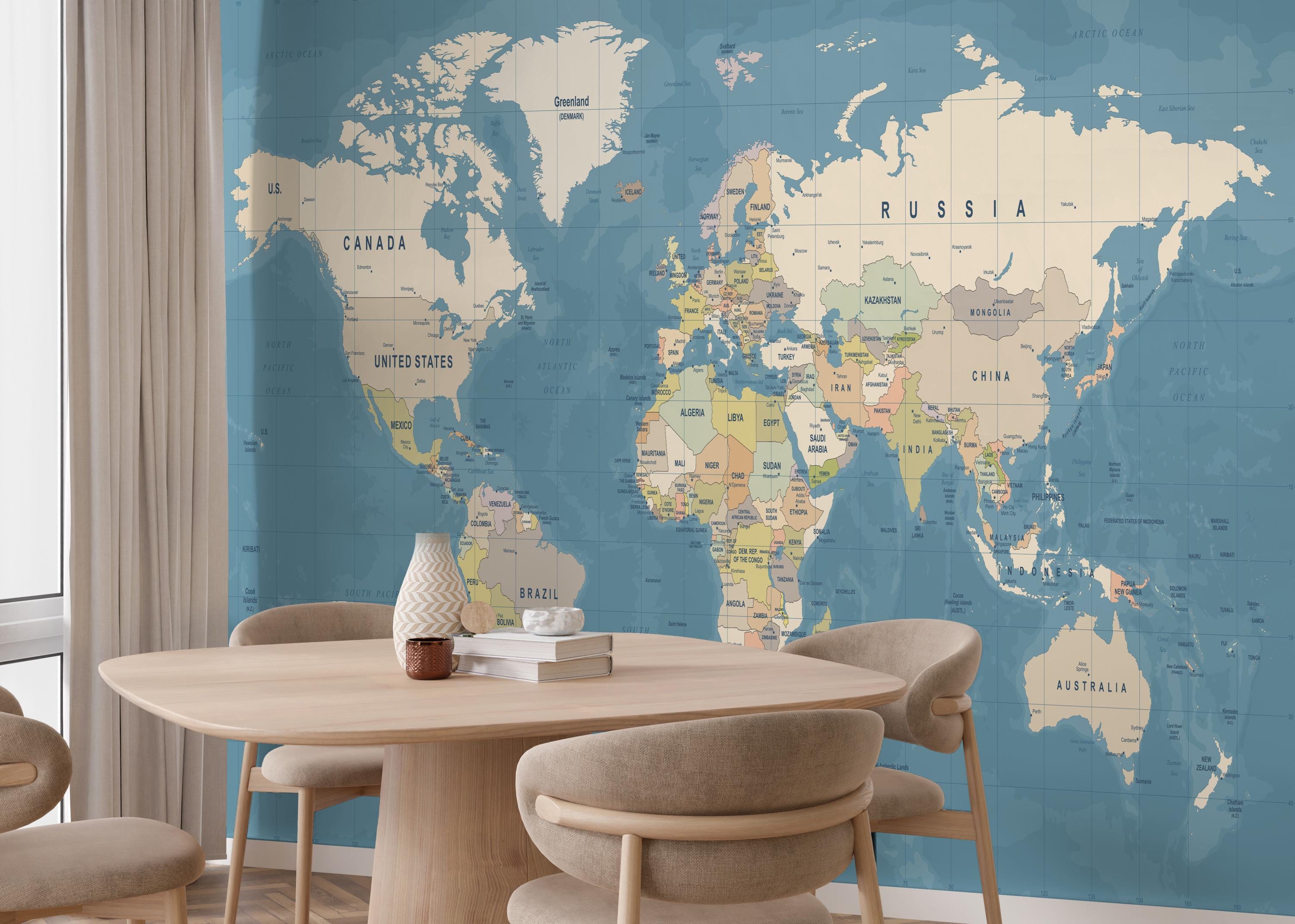 Political Map Wallpaper: Blue World Map Peel and Stick Wall Mural - Etsy