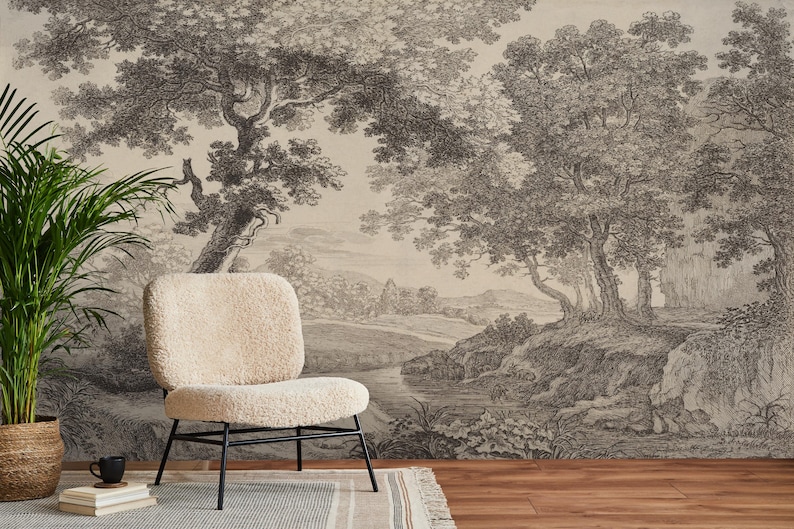 Rural Landscape Wall Mural, Forest Scenic Tree Peel and Stick Wallpaper ...