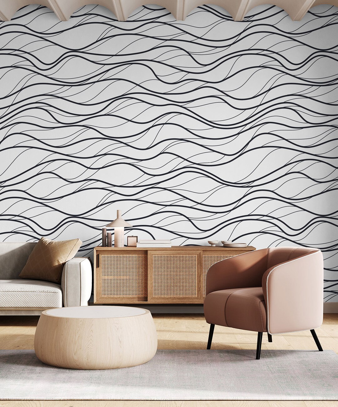 Wavy Lines Pattern Wallpaper, Interlacing Structure Wall Mural, Peel ...