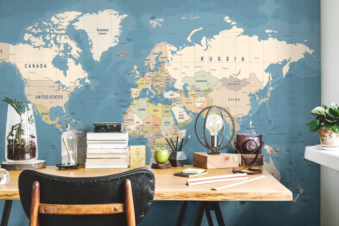 Political Map Wallpaper: Blue World Map Peel and Stick Wall Mural - Etsy