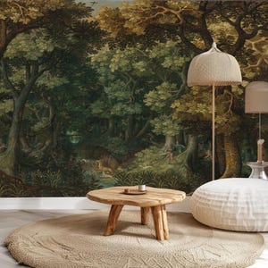 Rustic Dark Forest Wallpaper Mural, Wooded Landscape With Stag Hunt ...